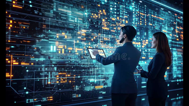 Two People are Looking at a Computer Screen with a City View. Concept ...