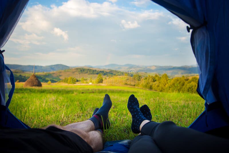 Two People Lying in Tent. Couple Camping with Beautiful View of ...