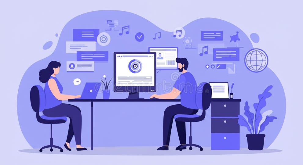 Two People, a Man and a Woman, are Seated at a Desk Using Computers ...