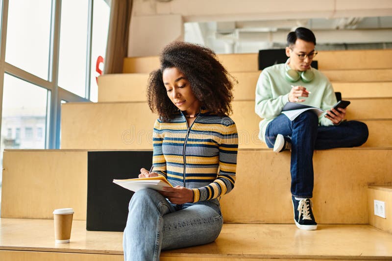 Two People, a Multicultural Pair, Sitting Stock Photo - Image of steps ...