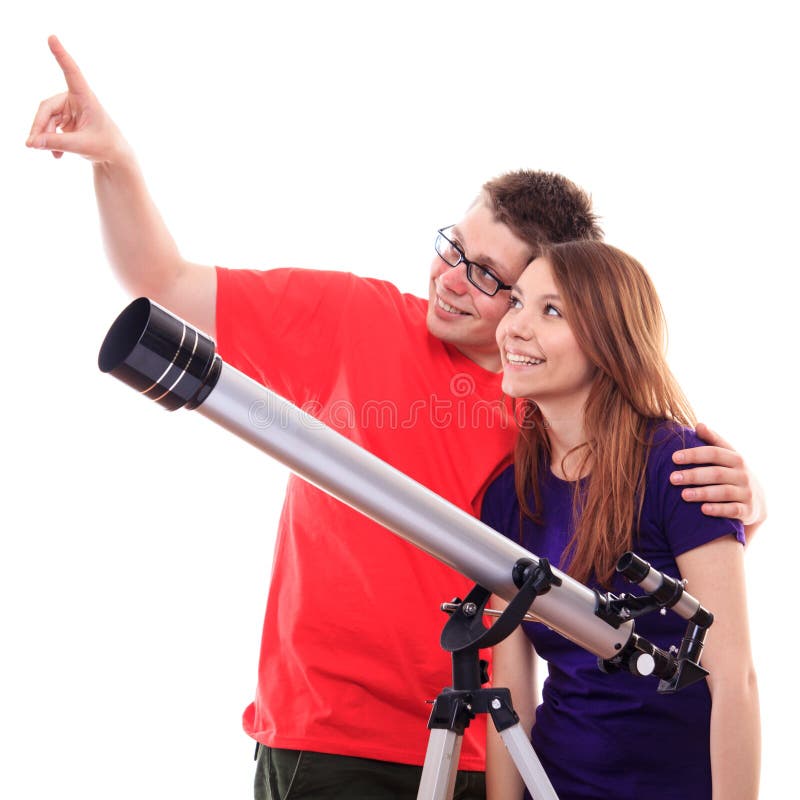 Two People Observe through a Telescope Stock Image - Image of women ...