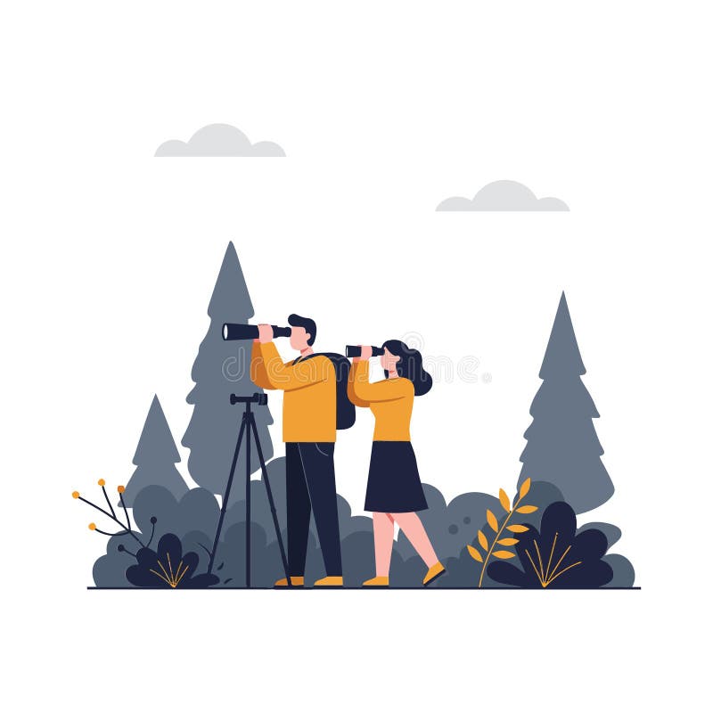 Two People Observing Nature Using Binoculars in Flat Vector Art Stock ...