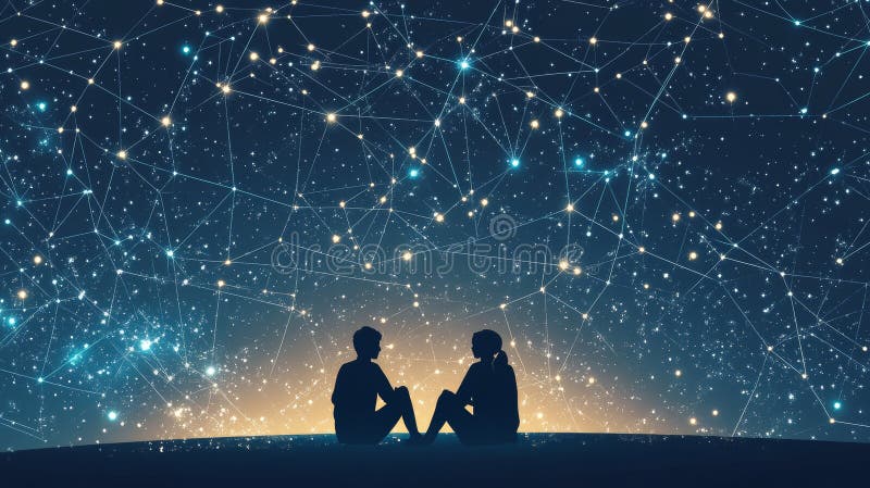 Two People Observing a Network of Stars in a Deep Space Constellations ...