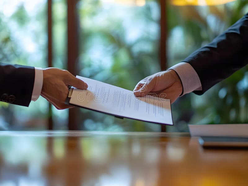 Two People Passing a Contract Across a Negotiation Table, Document ...