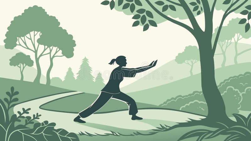 Two People Practicing Tai Chi in a Park, a Mindful Exercise, Vector ...