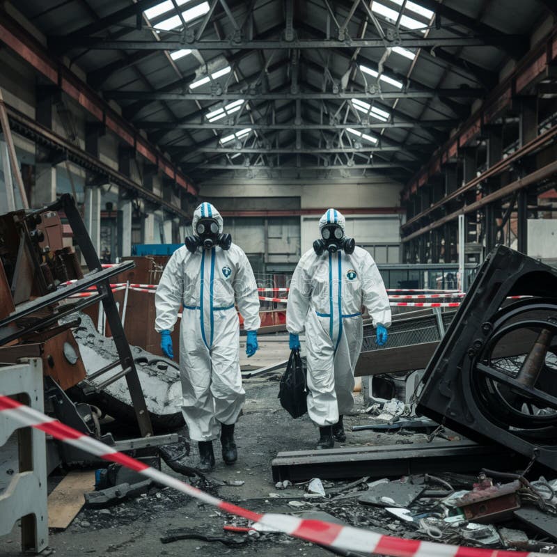 Two People in Protective Suits Navigate Debris in a Disordered Factory ...
