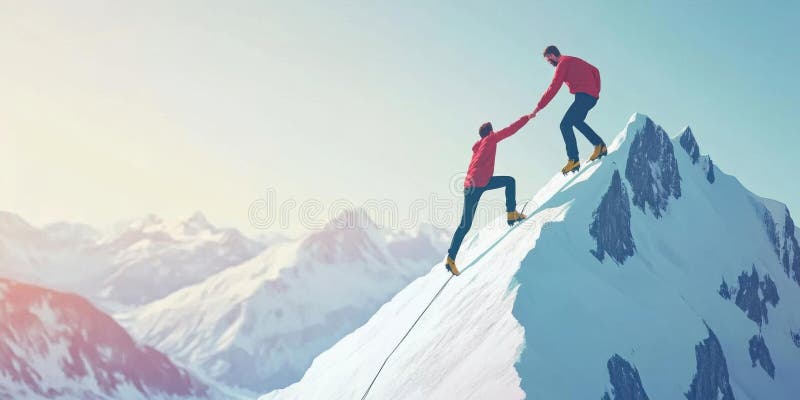 Two People Reach the Summit by Helping Each Other, Achieving Goals ...