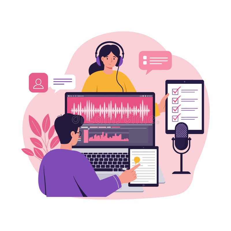 Two People Recording and Editing Audio in Minimal Flat Design with ...