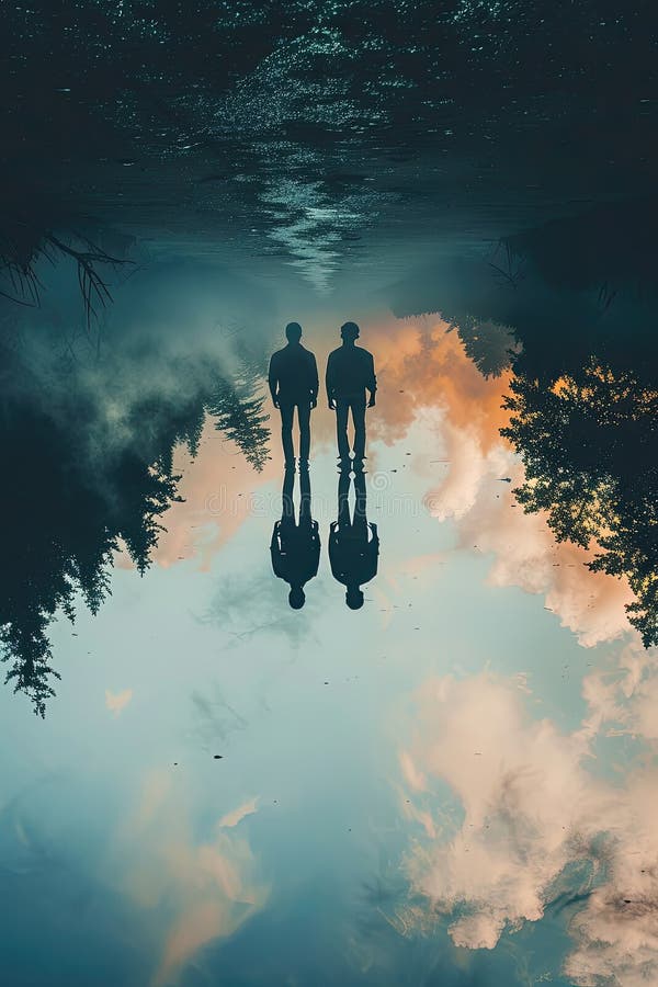 Two People Reflected on Water Against a Surreal Sky. Stock Image ...