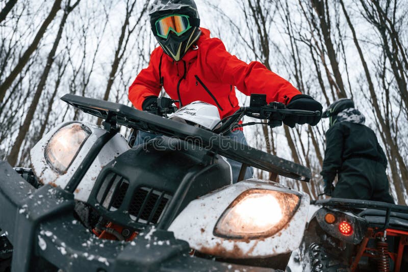 Two People are Riding ATV in the Winter Forest Stock Image - Image of ...