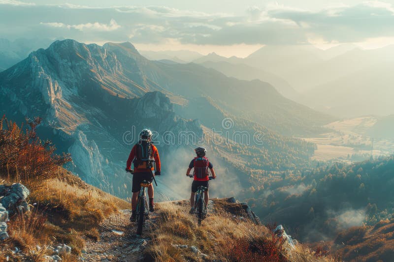 Two People are Riding Bikes on a Mountain Trail Stock Image - Image of ...