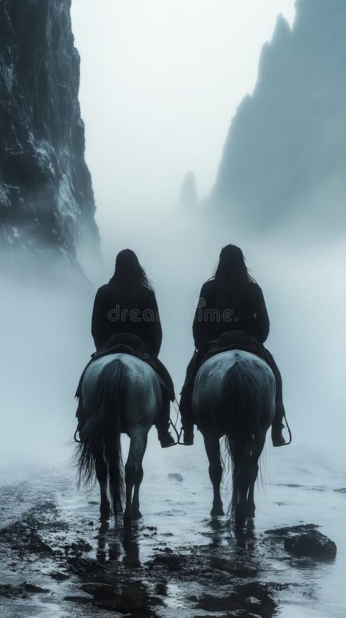 Two People Riding Horses through the Fog Stock Illustration - Illustration of black, horses ...