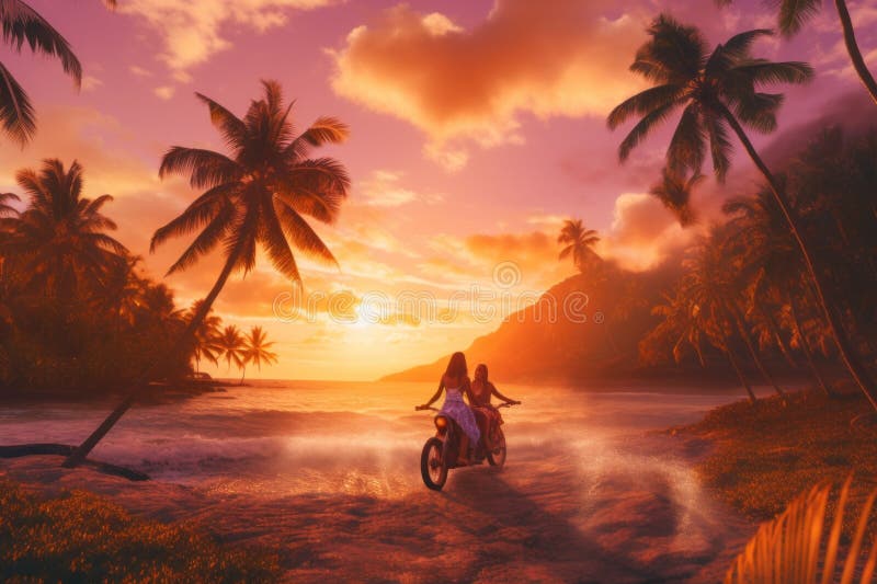Two People Riding a Motorcycle on a Beach at Sunset. Generative AI ...