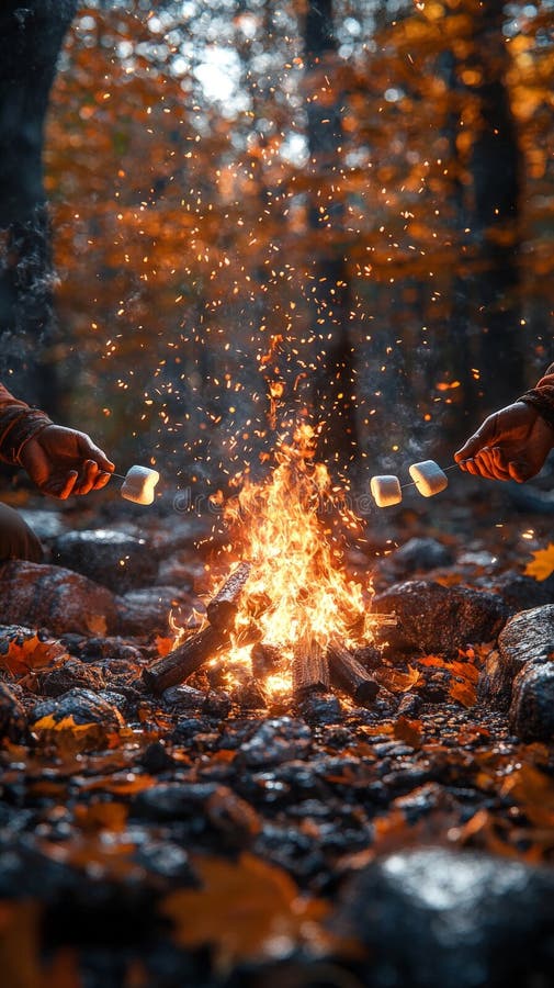 Two People Roasting Marshmallows Over Campfire in Autumn Forest Stock ...