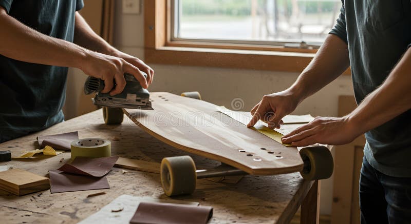 Two People Sanding a Longboard in a Workshop Stock Illustration ...