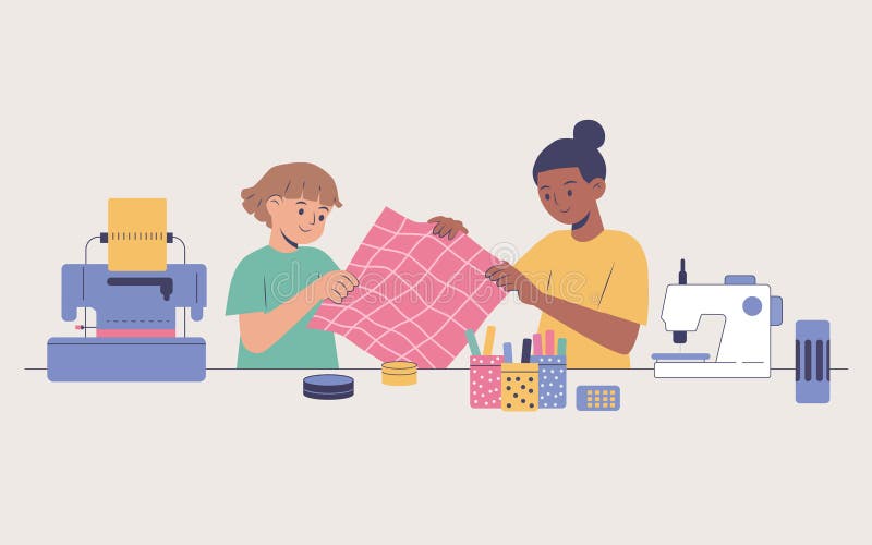 Two People Sewing Fabric Together in a Workshop Stock Vector ...