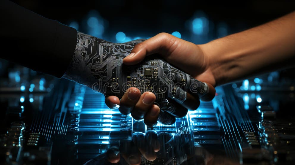 Two People Shake Hands. One Hand is Full of Circuits and Electronics ...