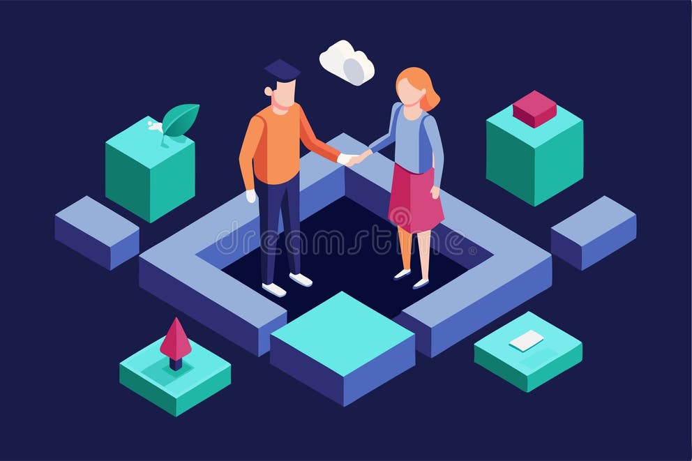 Two People Shake Hands in a Vibrant Isometric Setting Surrounded by ...