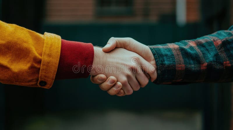 Two People Shaking Hands in Front of a Brick Wall, AI Stock Image ...