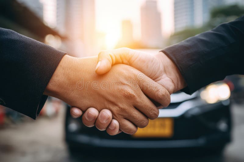 Two People Shaking Hands in Front of a Car Stock Image - Image of ...