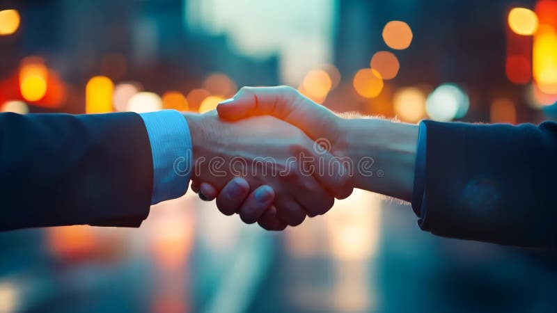 Two People Shaking Hands in Front of a City at Night Stock Footage ...
