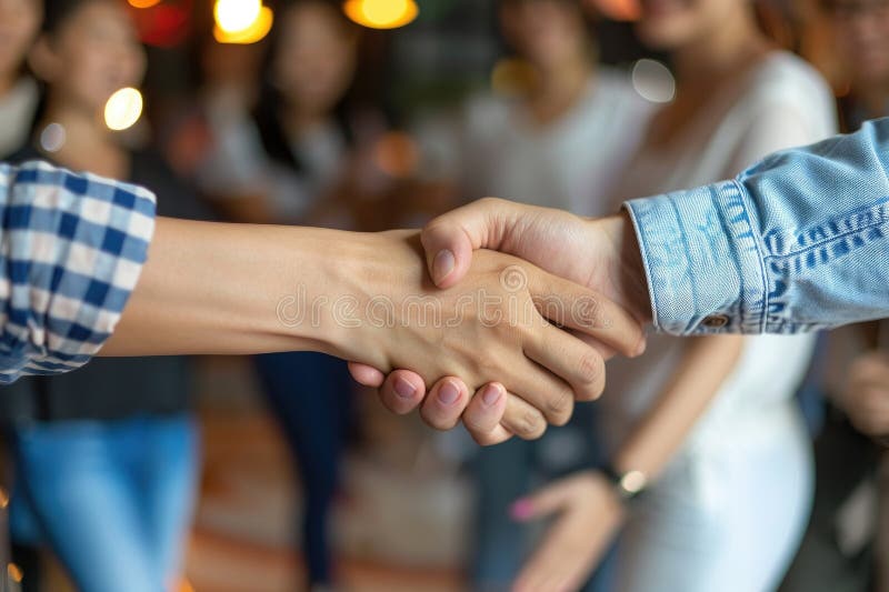 Two People Shaking Hands in Front of a Group of People Stock ...