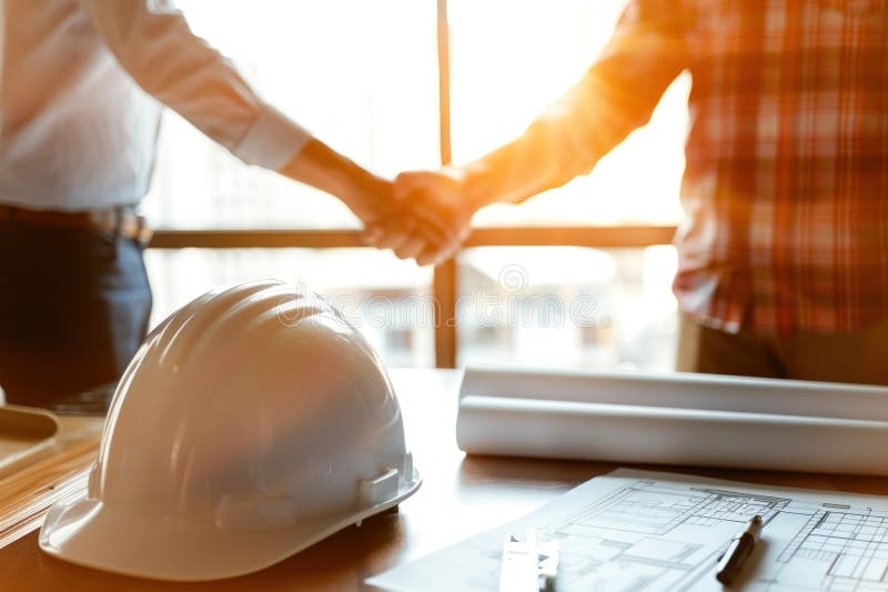 Two People Shaking Hands in Front of a Hard Hat Stock Illustration ...