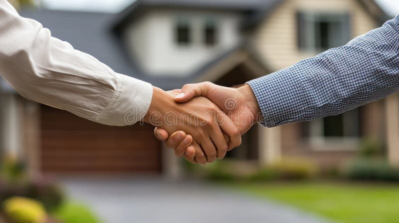 Two People Shaking Hands in Front of a House. Scene is Friendly and ...