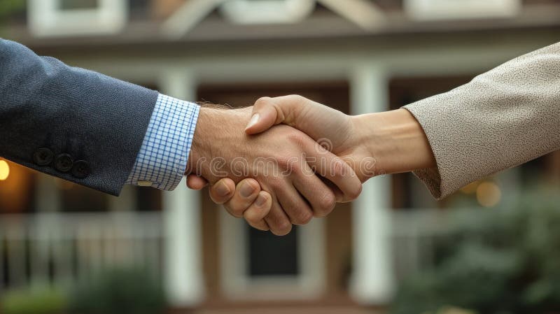 Two People Shaking Hands in Front of a House. Scene is Friendly and ...
