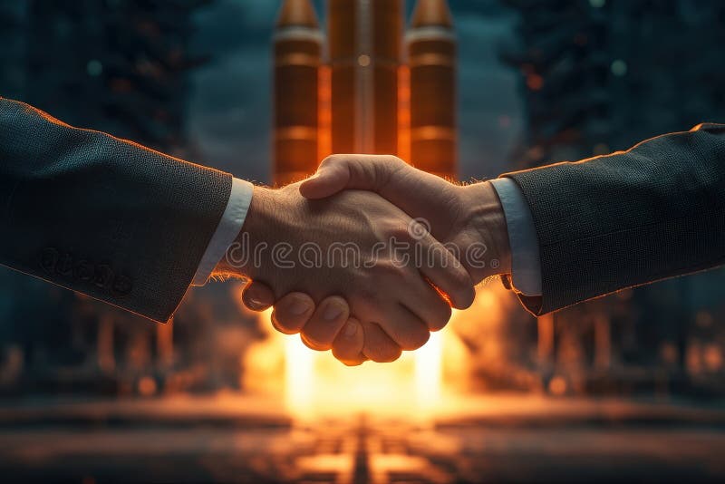 Two People Shaking Hands in Front of a Large Rocket Structure ...