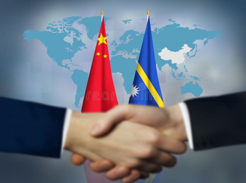 Two People Shaking Hands in Front of Nauru and China Flags Stock ...