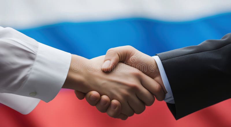 Two People Shaking Hands in Front of the Russian Flag. Stock Photo ...