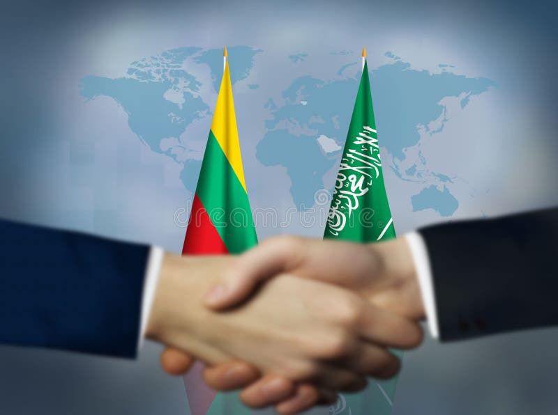 Two People Shaking Hands in Front of Saudi Arabia and Lithuania Flags ...