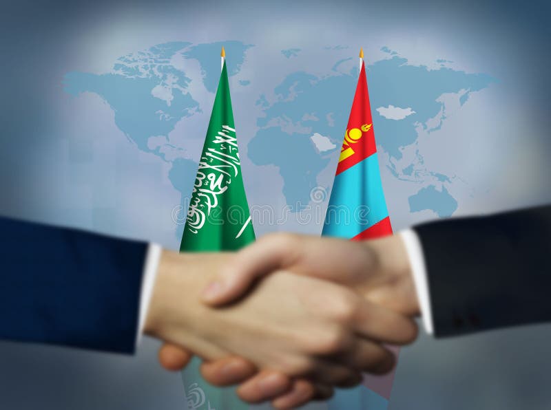 Two People Shaking Hands in Front of Saudi Arabia and Mongolia Flags ...