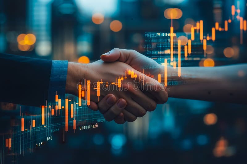 Two People Shaking Hands in Front of a Stock Market Chart Stock ...
