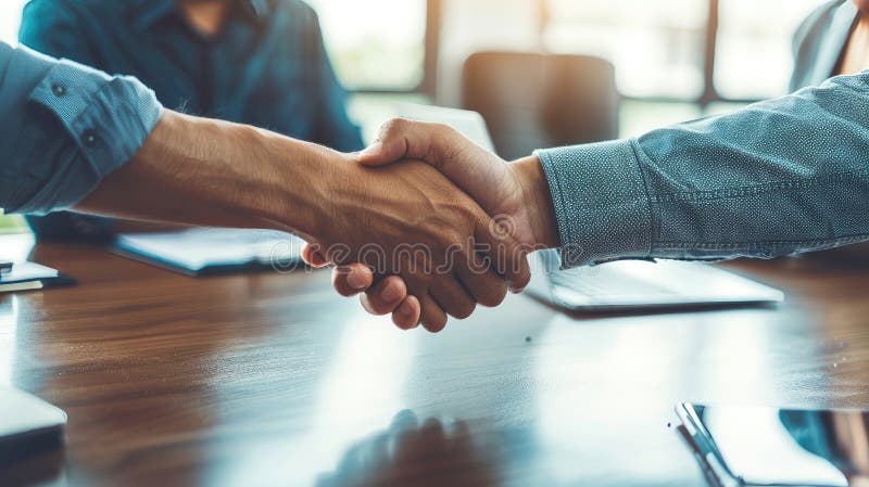 Two People Shaking Hands in Front of a Table with a Laptop and a Book ...