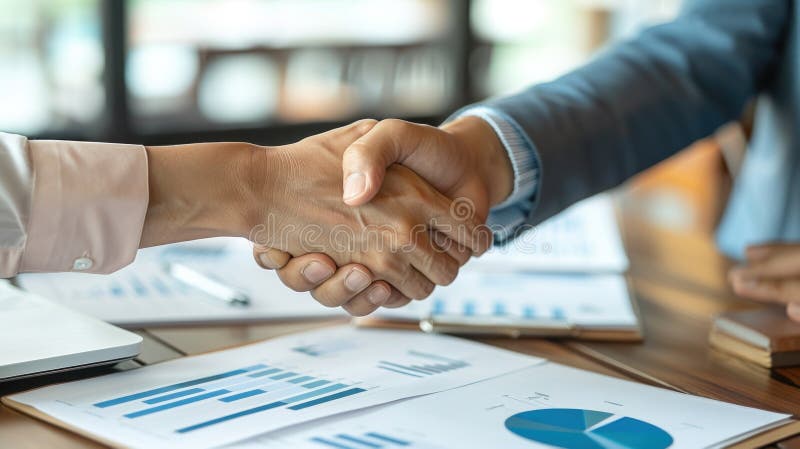 Two People Shaking Hands in Front of a Table with Papers and Graphs ...