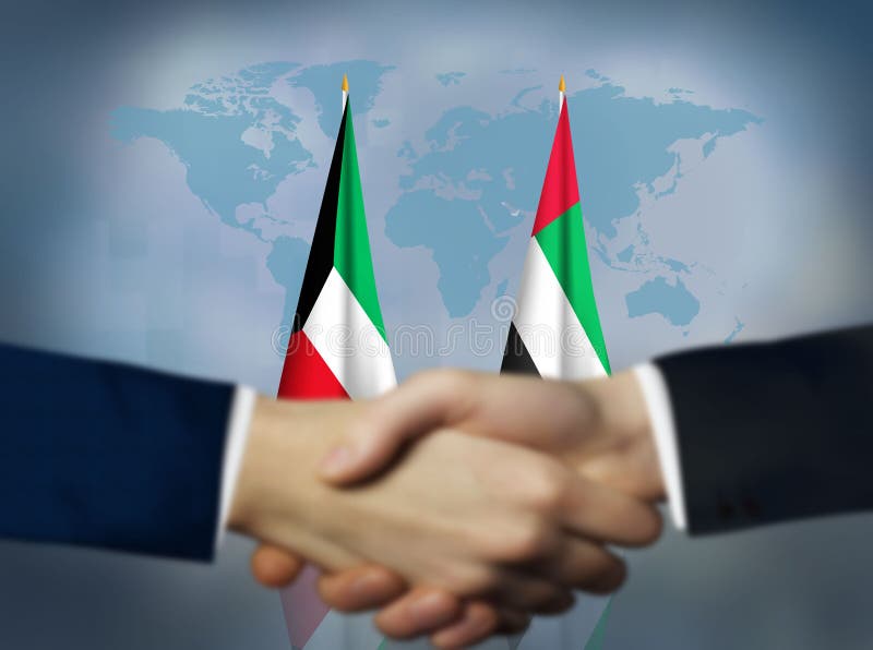 Two People Shaking Hands in Front of UAE and Kuwait Flags Stock ...