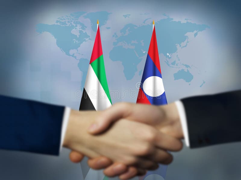 Two People Shaking Hands in Front of UAE and Laos Flags Stock ...