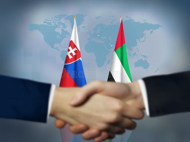 Two People Shaking Hands in Front of UAE and Slovakia Flags Stock ...