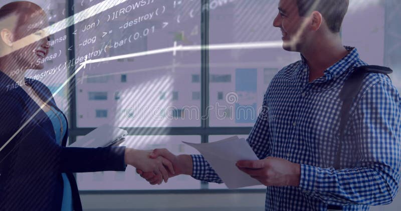 Two People Shaking Hands in Office with Coding Animation Overlay Stock ...