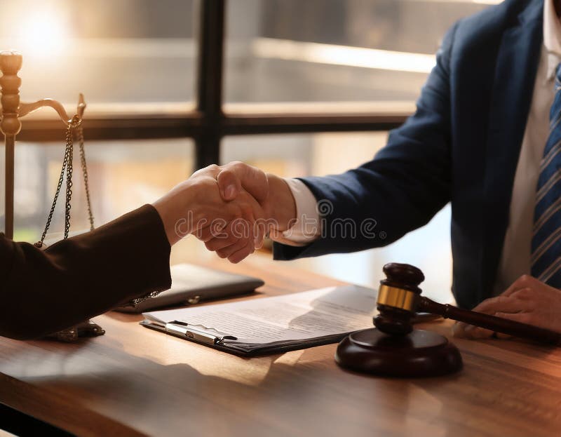 Male Lawyer Shaking Hands with Woman Over Table, Closeup Stock ...