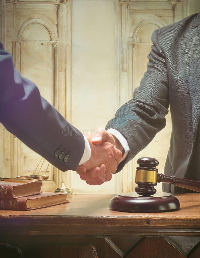 Male Lawyer Shaking Hands with Woman Over Table, Closeup Stock ...