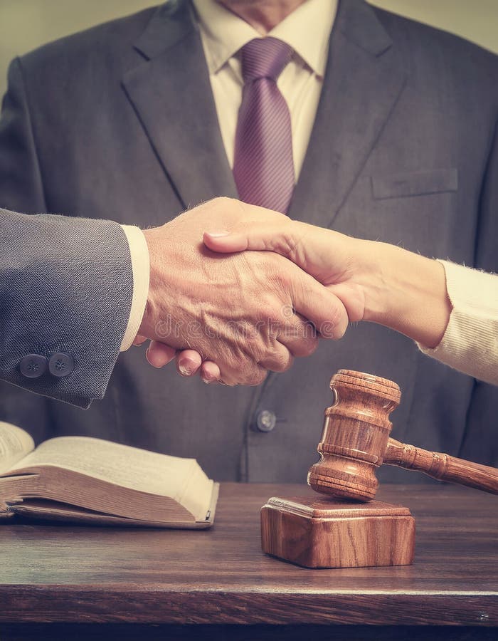 Male Lawyer Shaking Hands with Woman Over Table, Closeup Stock ...