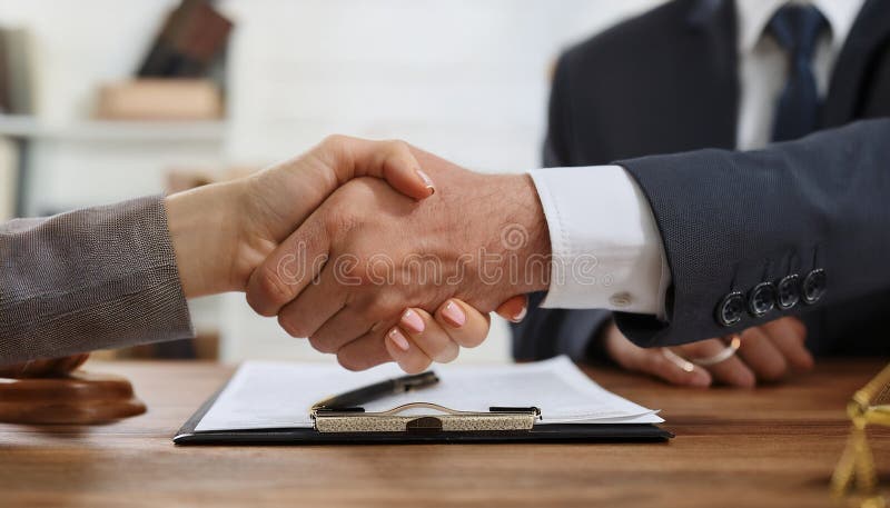 Male Lawyer Shaking Hands with Woman Over Table, Closeup Stock ...