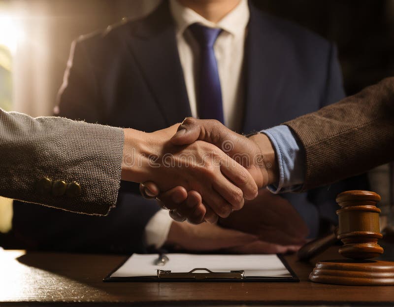 Male Lawyer Shaking Hands with Woman Over Table, Closeup Stock ...