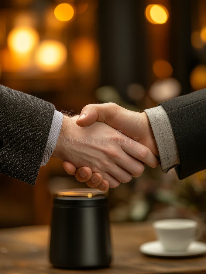 Two People Shaking Hands Over a Table in Warm Lighting. Stock Image ...