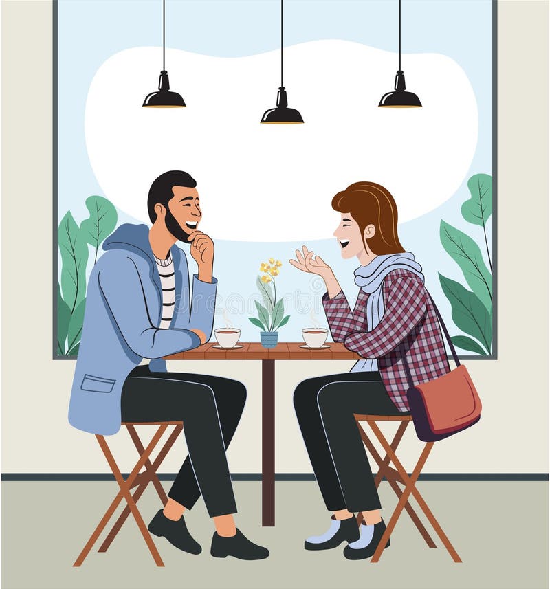 Two People Sharing Joyful Conversation at Cafe Table. Flat Vector Design Stock Illustration ...