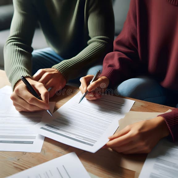 Two People Sign Documents on a Wooden Table Stock Illustration ...