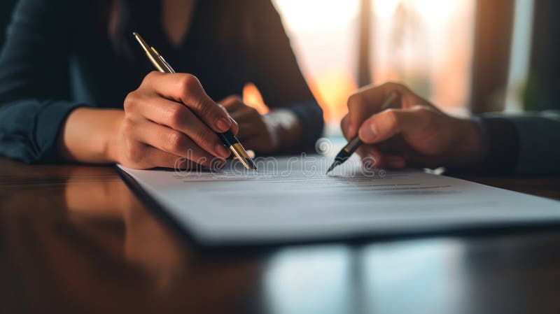Two People Signing a Document with Pens on Top of it, AI Stock Image ...